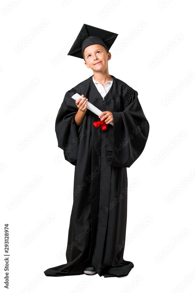 Full body of Little boy graduating stand and looking up on isolated ...