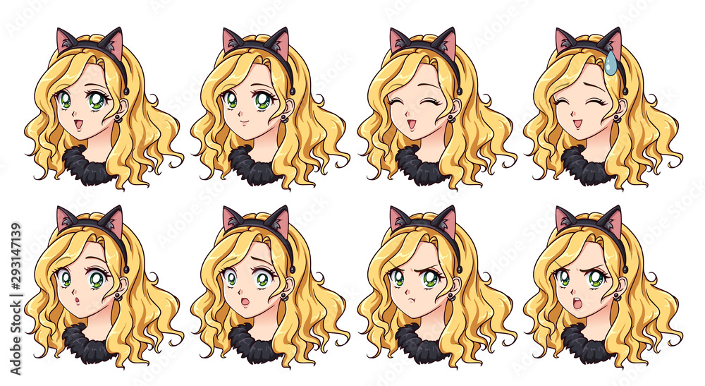 A set of cute anime girl wearing cat costume with different expressions ...