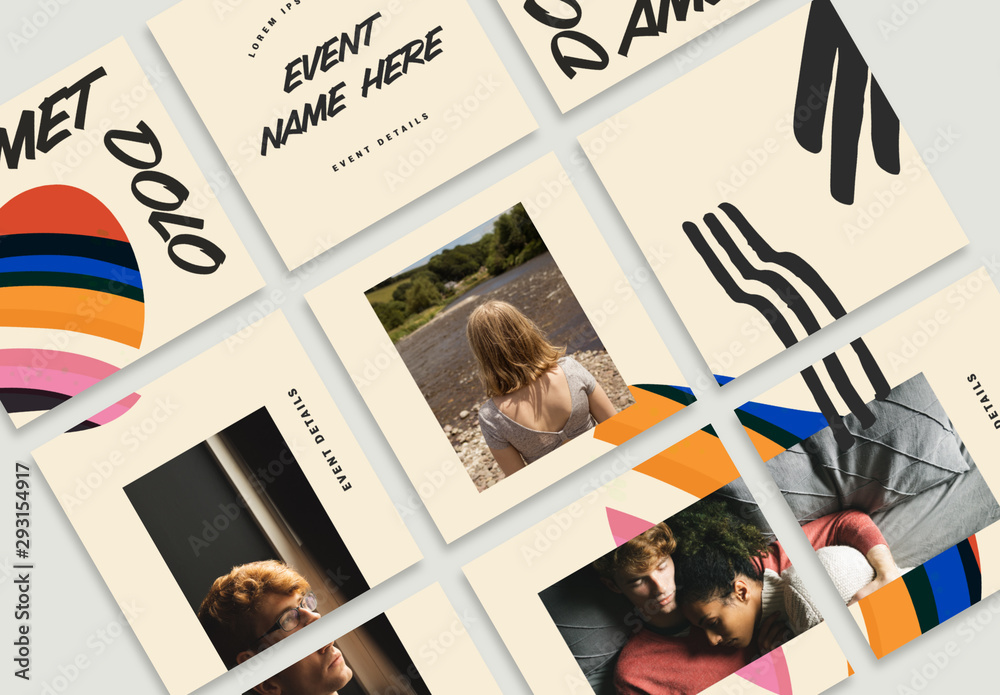 Social Media Grid Layout with Multicolored Abstract Elements Stock ...