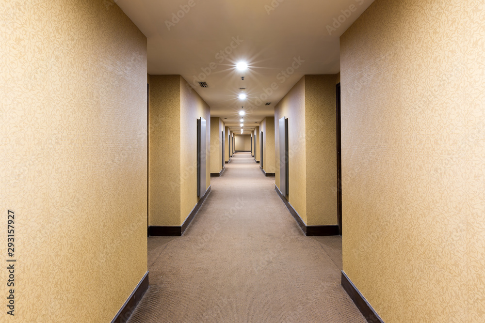 Beautiful perspective interior view of a hallway in a dated public ...