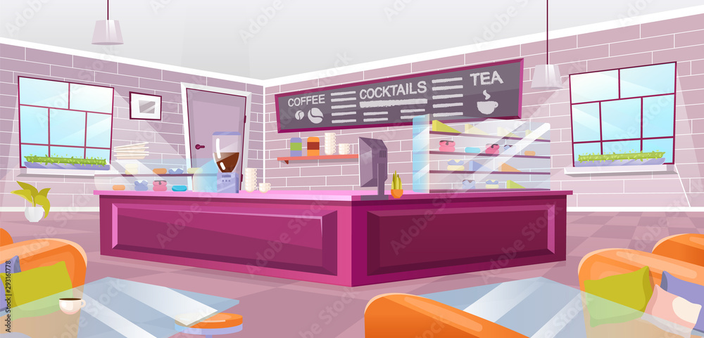 Cafe interior flat vector illustration. Empty cafeteria with pink ...