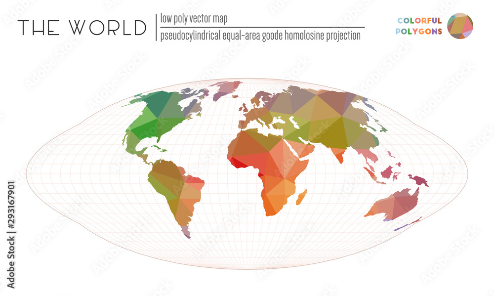 World map in polygonal style. Pseudocylindrical equal-area Goode ...