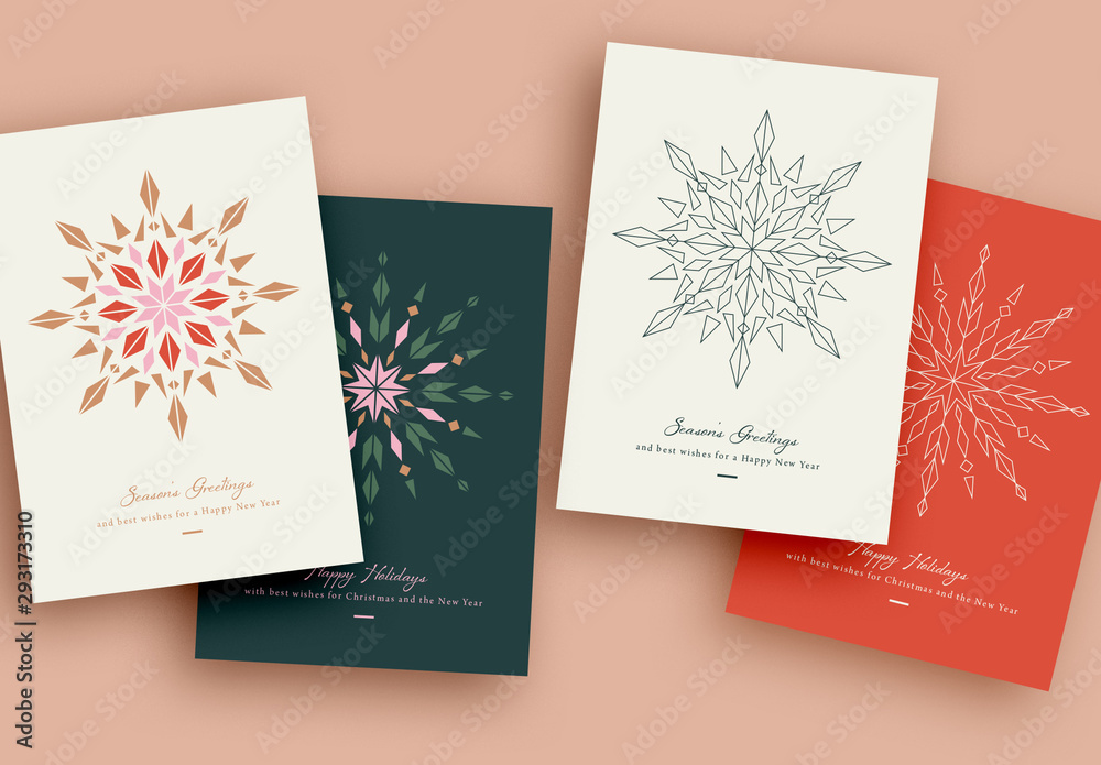 Winter Holiday Card Layout Set with Geometric Snowflake Illustration ...