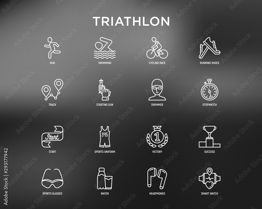 Triathlon thin line icons set: runner, swimmer, cycling race, stopwatch ...