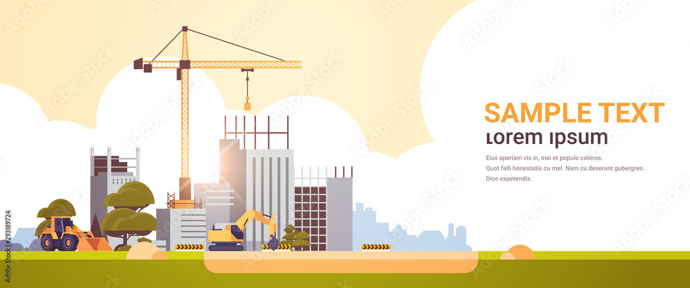 modern construction site with cranes tractor and bulldozer unfinished ...
