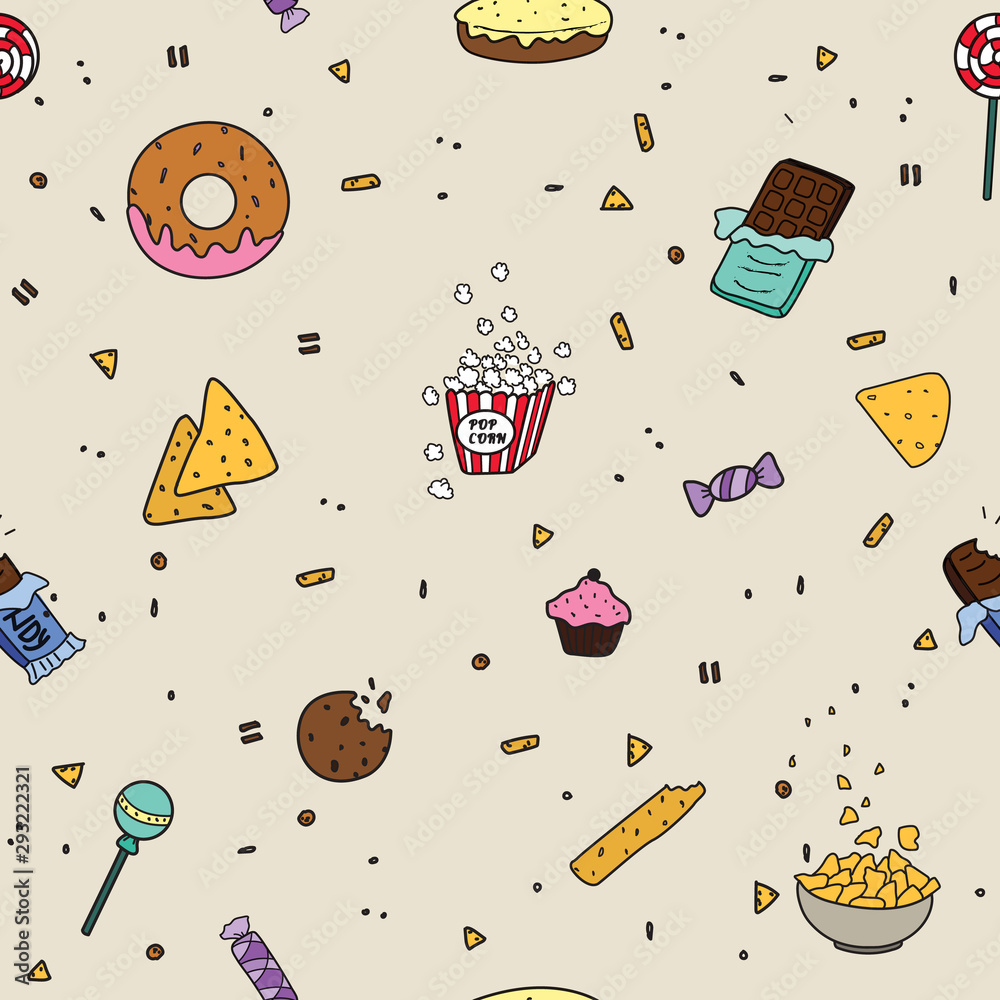 Candy, goodies pattern. Vector line art. Cakes for birthday and party ...