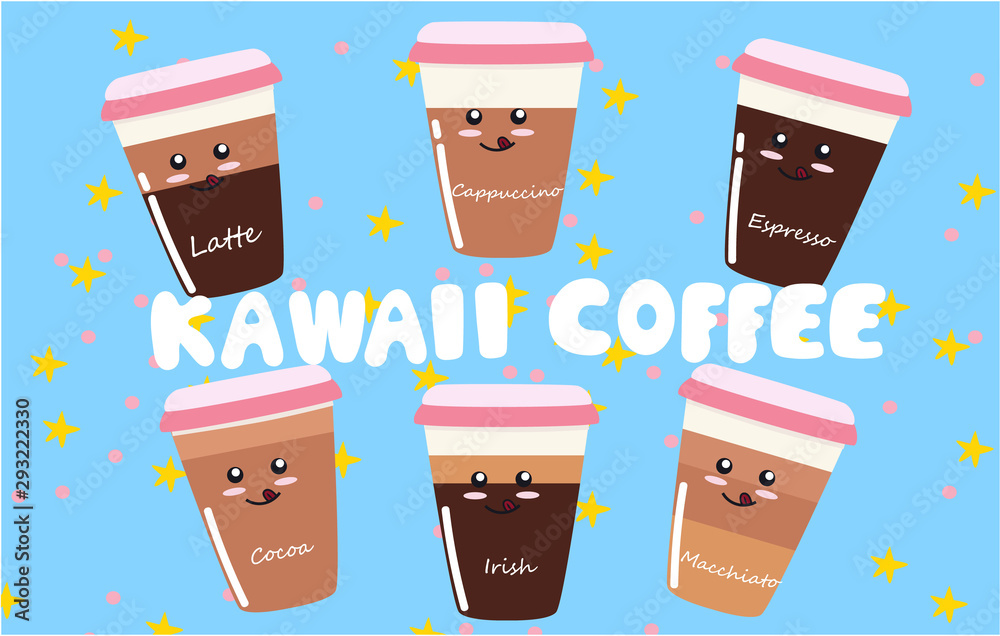 Funny background with cute sweet icons in kawaii style with smiling ...