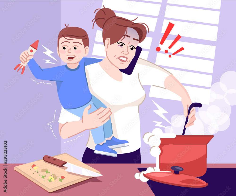 Stressed mother at home flat vector illustration. Mom cooking food ...