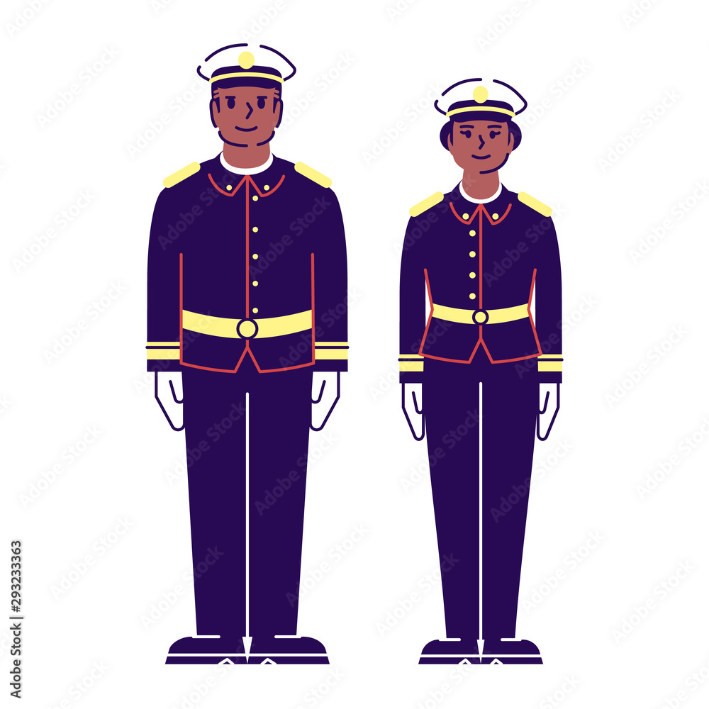 Army service workers flat vector characters. US soldiers standing at ...