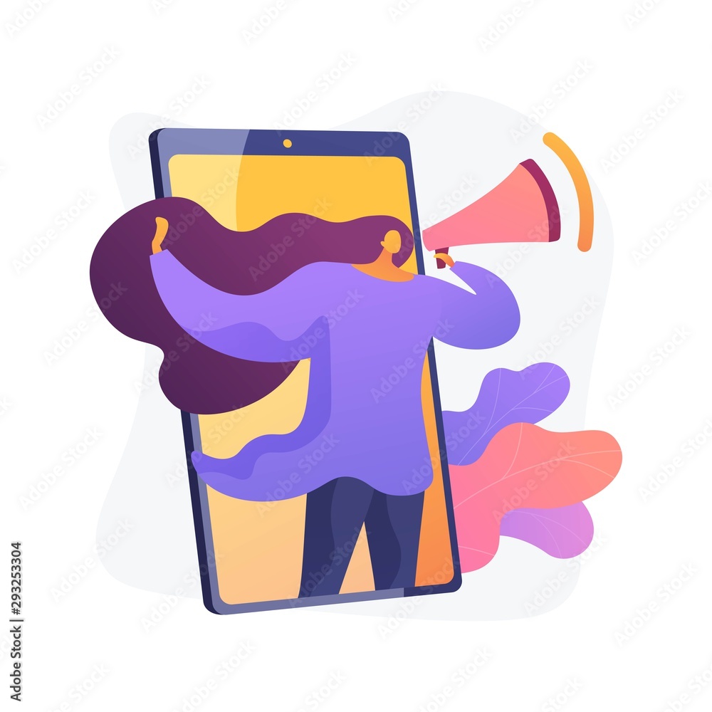 Mobile marketing, SMM. Social media network advertisement. Smartphone, app, notification. Female ...