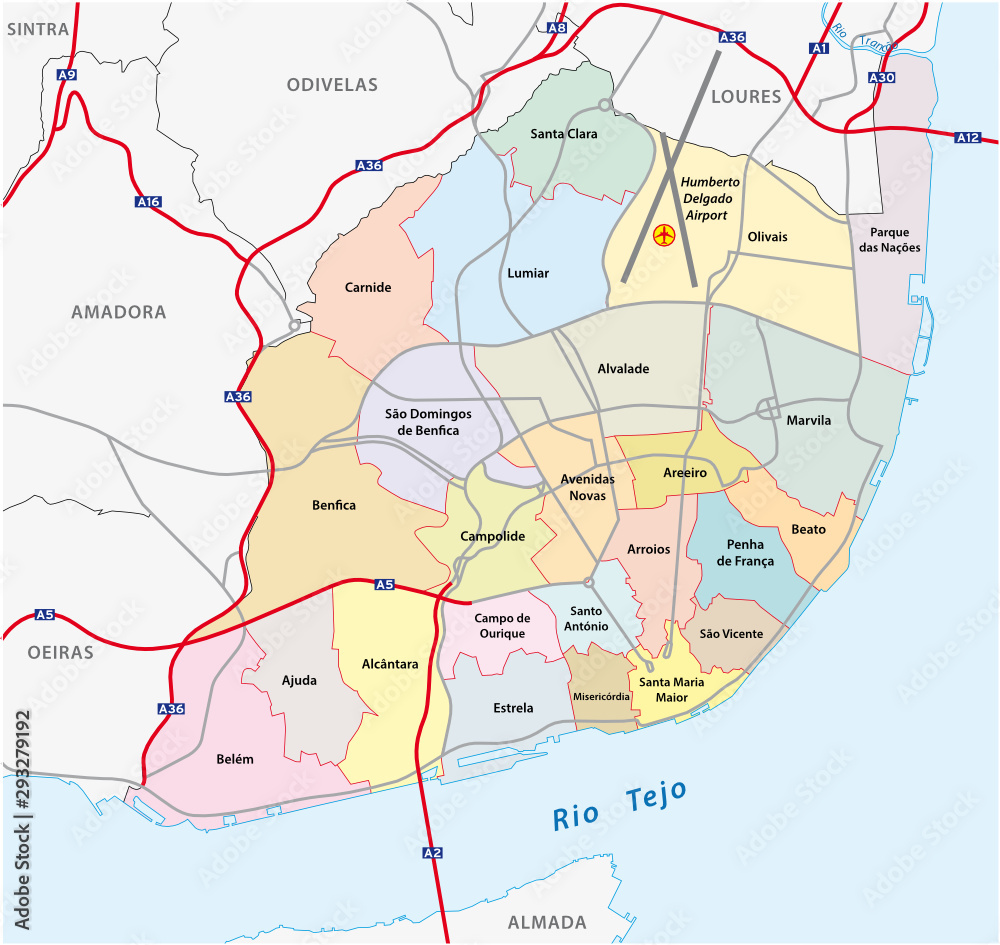 Administrative and road map of the new city structure of Lisbon Stock ...