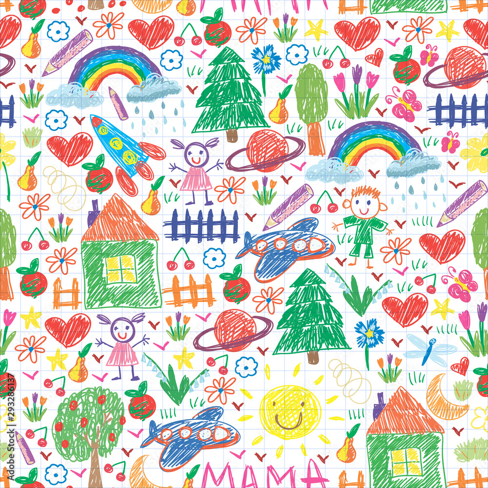 Kindergarten pattern with funny kids drawing. Vector illustration ...
