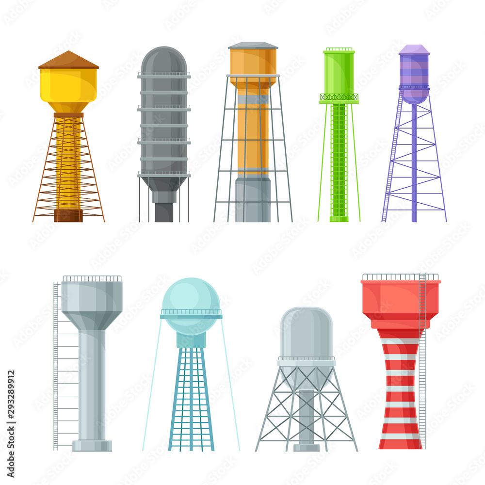 Set Of Vector Illustrations Of Water Towers of Different Colors And ...