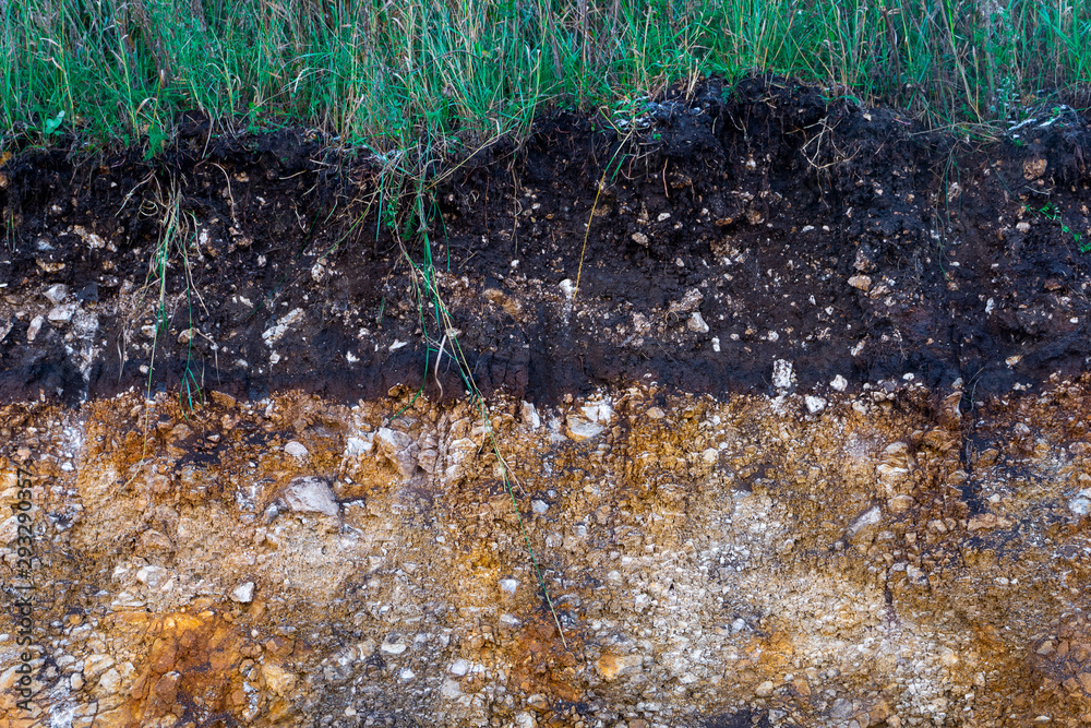 Soil cut-sandstone, stones, clay, sand structure and layers. slice of ...