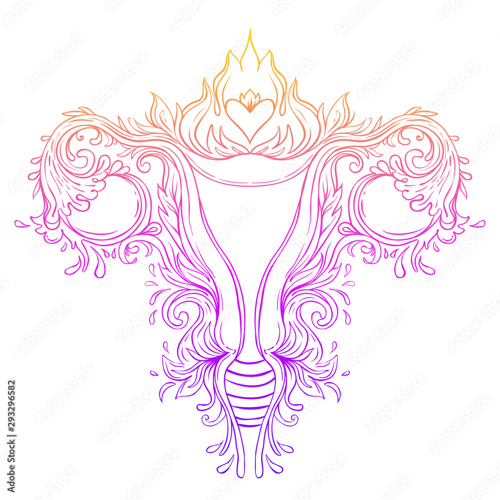 Decorative drawing of female reproductive system with flowers. Hand ...
