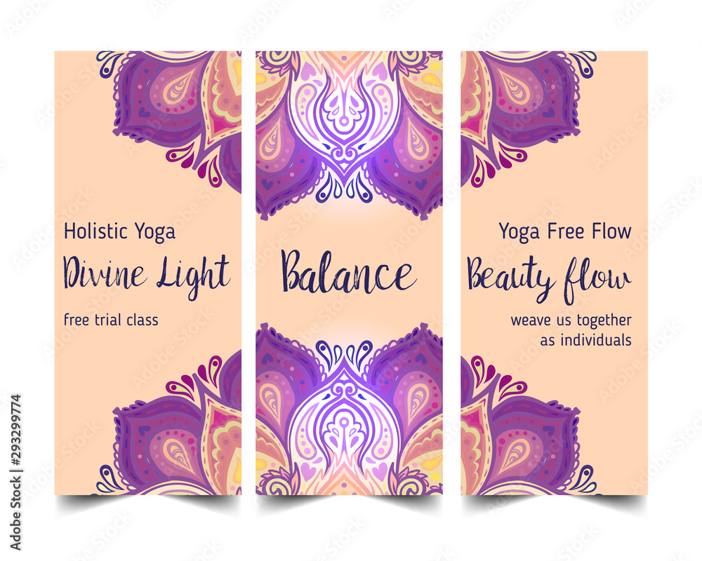 Stretch and Strength. Yoga card design. Colorful template for spiritual ...