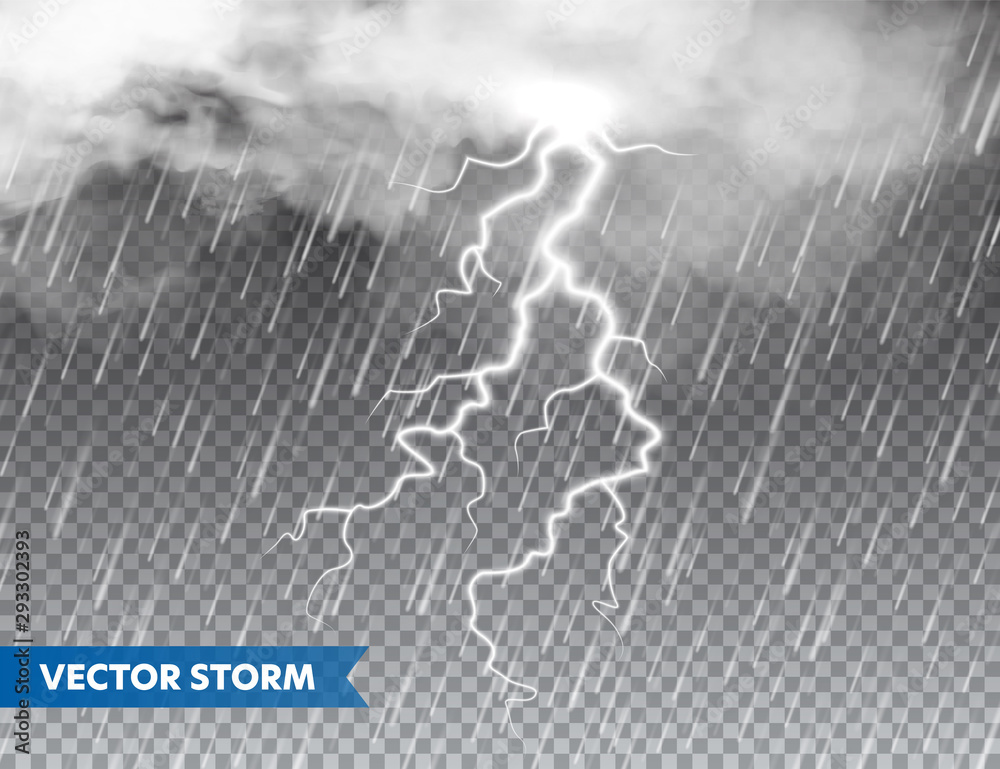 Realistic rain with clouds and lightning on transparent background ...