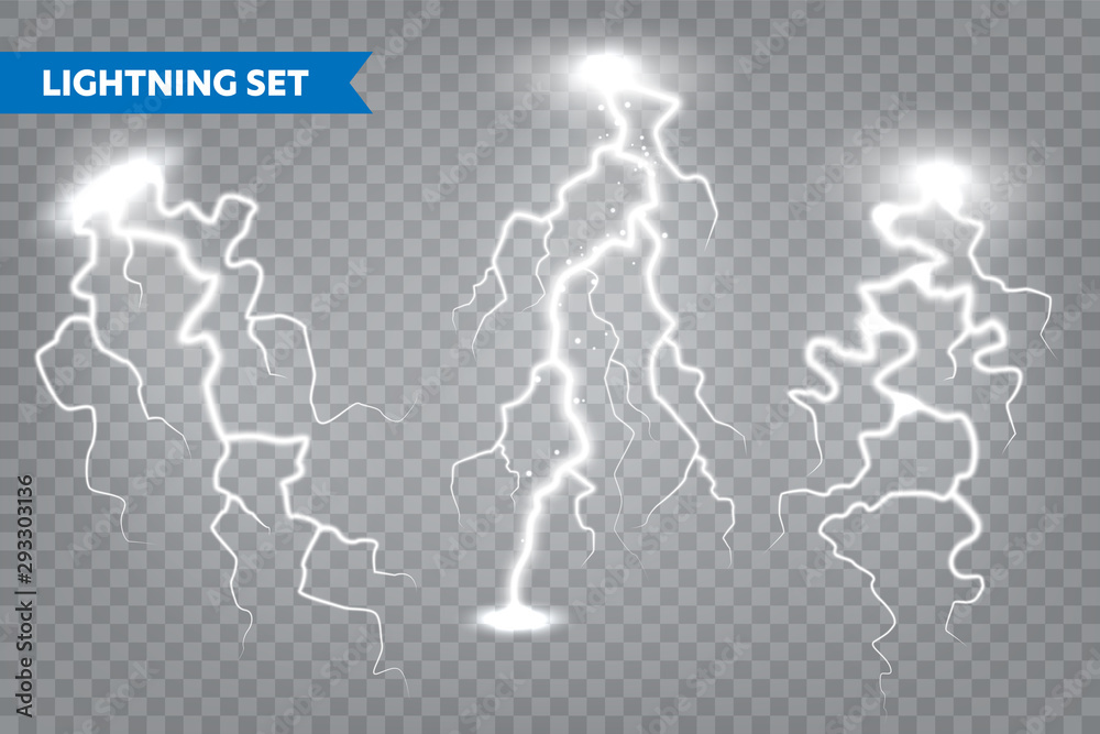Realistic lightning collection on transparent background. Thunderstorm ...
