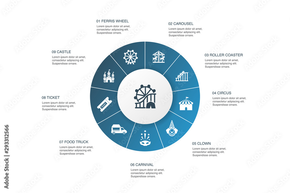 amusement park Infographic 10 steps circle design.Ferris wheel ...