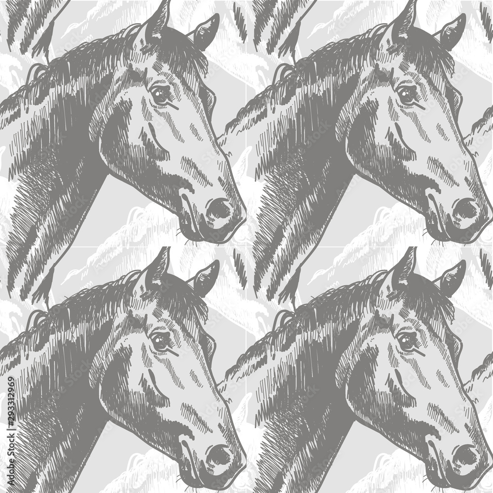 Seamless pattern with horses in vintage style . Realistic drawing by ...