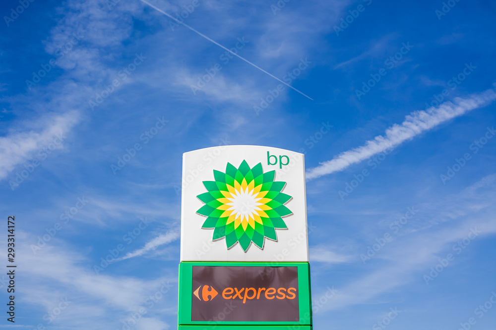 BP logo on its gas service station Stock Photo | Adobe Stock