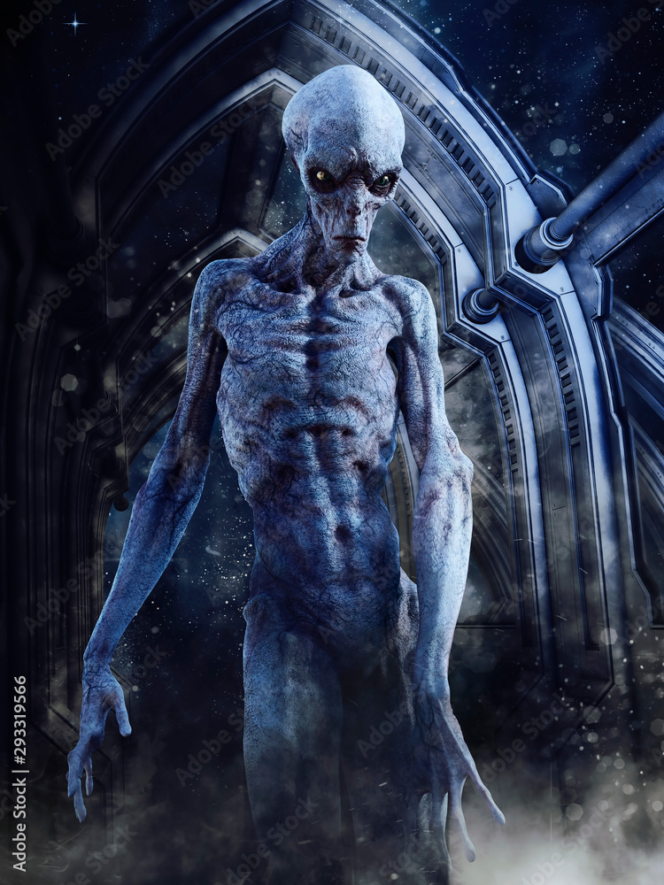 Futuristic scene with an angry alien coming out of a spaceship with the ...