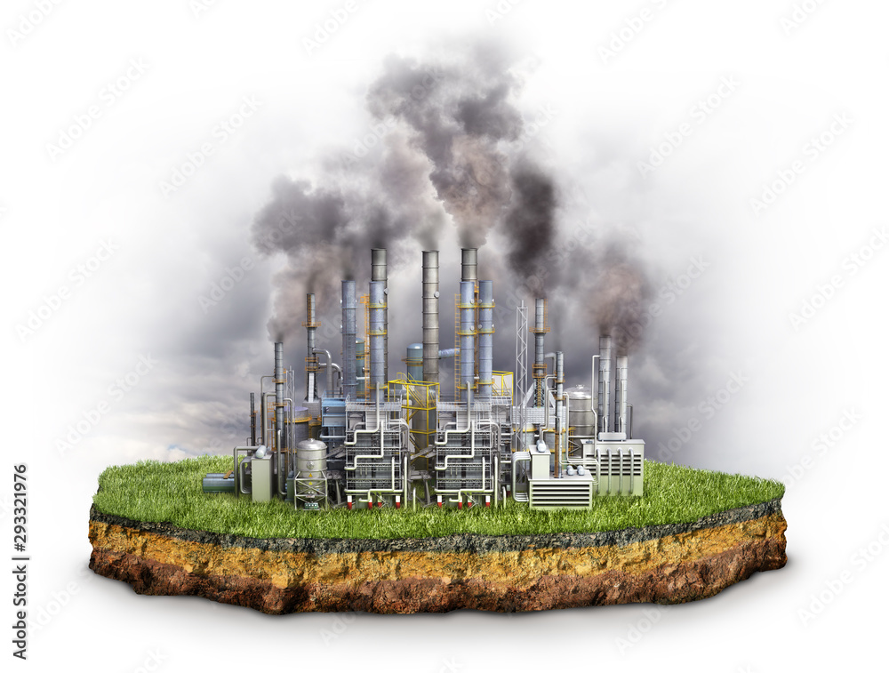 Factory. Concept of environmental impact of factories. 3d illustration ...