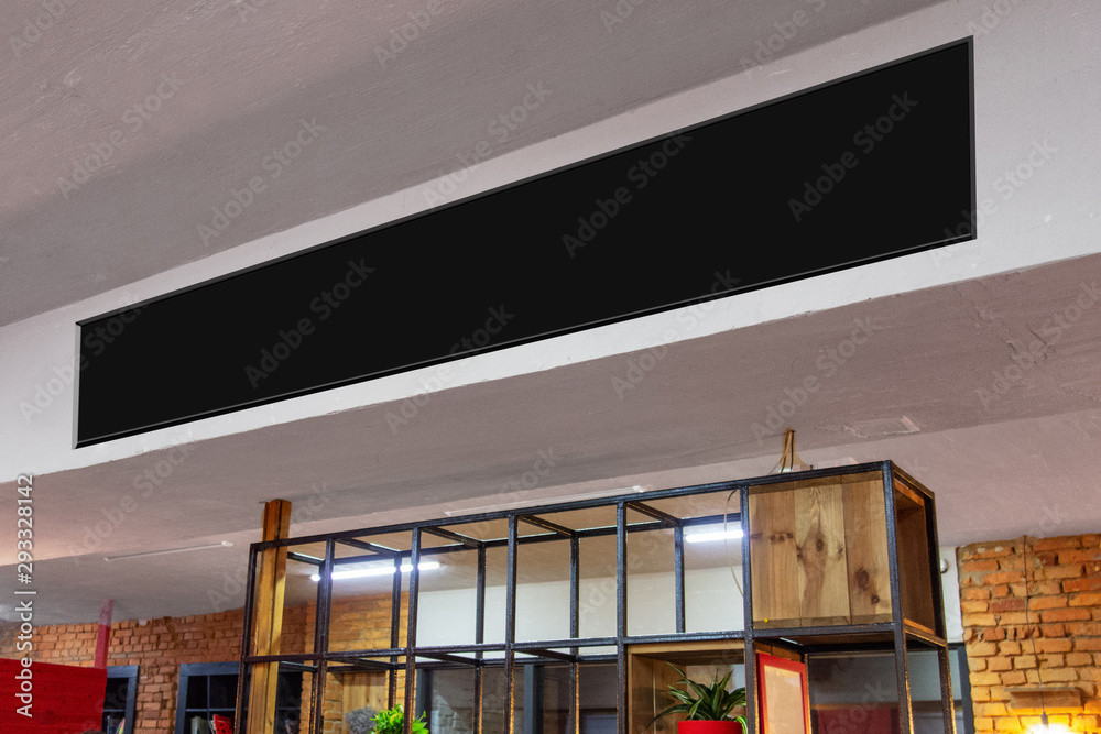 Mockup of signboard on ceiling beam in office or public place with copy ...