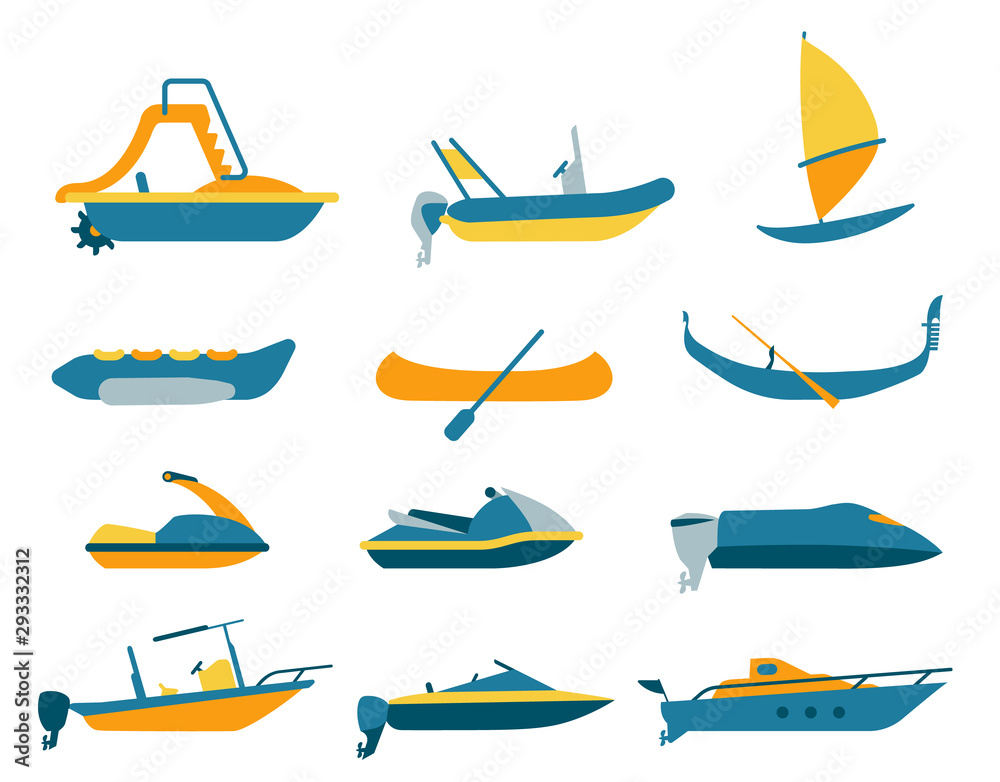 Set of different types of boat and watercraft. Flat vector illustration ...