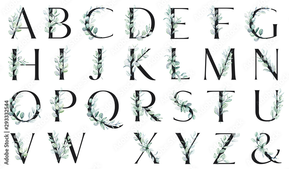 Floral alphabet, letters with watercolor leaf eucalyptus. Monogram ...