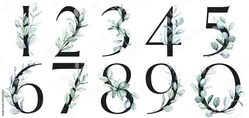 Number set with watercolor leaf eucalyptus. Perfectly for wedding ...