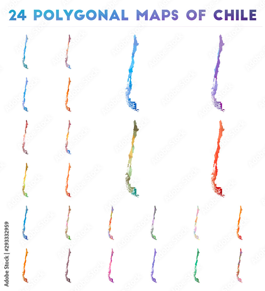Set of vector polygonal maps of Chile. Bright gradient map of country ...