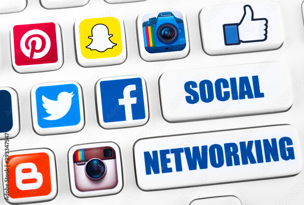 Popular logotypes of social networking applications printed on sticker ...