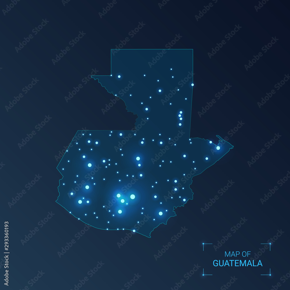 Guatemala map with cities. Luminous dots - neon lights on dark ...