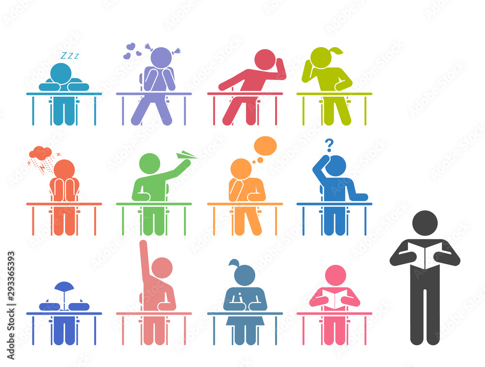 School days. Students in school attending classes. Pictogram icon set ...