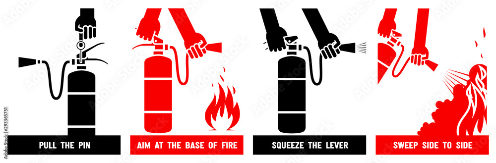 Fire extinguisher label. Fire extinguisher instruction signs. Vector ...