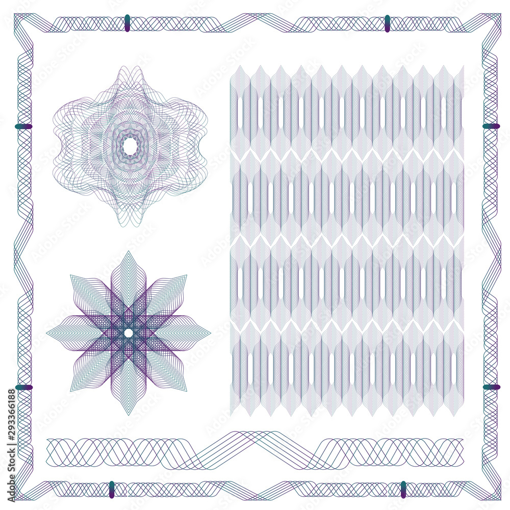 Set of watermarks and borders. Guilloche pattern for banknote, diploma ...