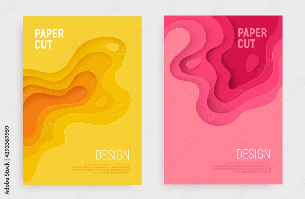 Paper cut banner set with 3D slime abstract background and pink, yellow ...