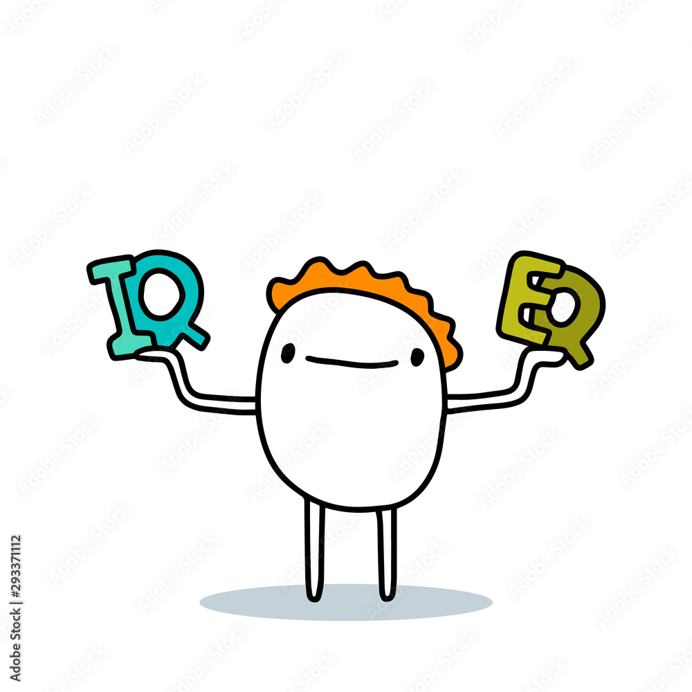 Cartoon man choosing between intelligence quotient and emotional hand ...