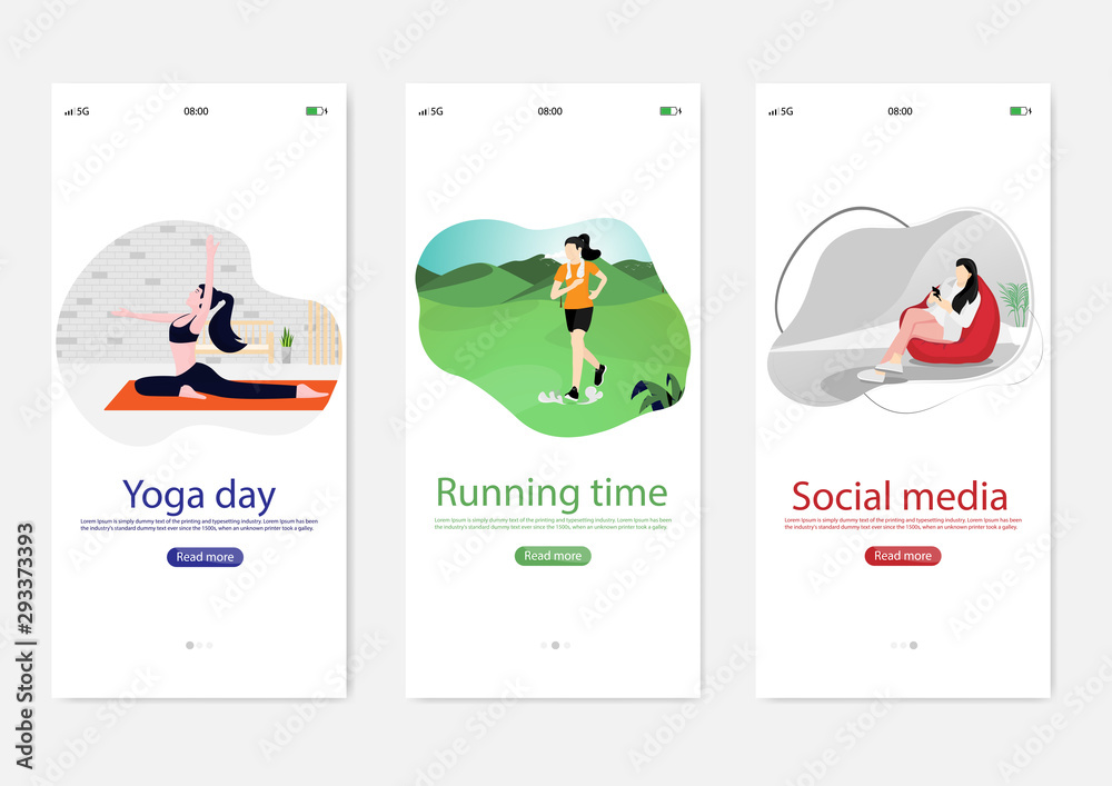Collection Relax app UI for smartphone. Woman on each daily activity ...