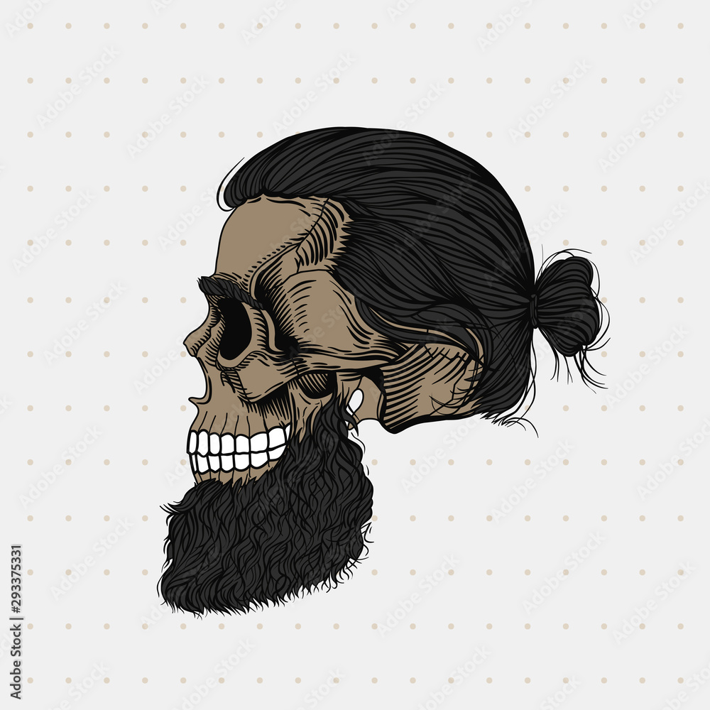 Bearded skull with black hair in a bun. Stylish men's hairstyle and ...