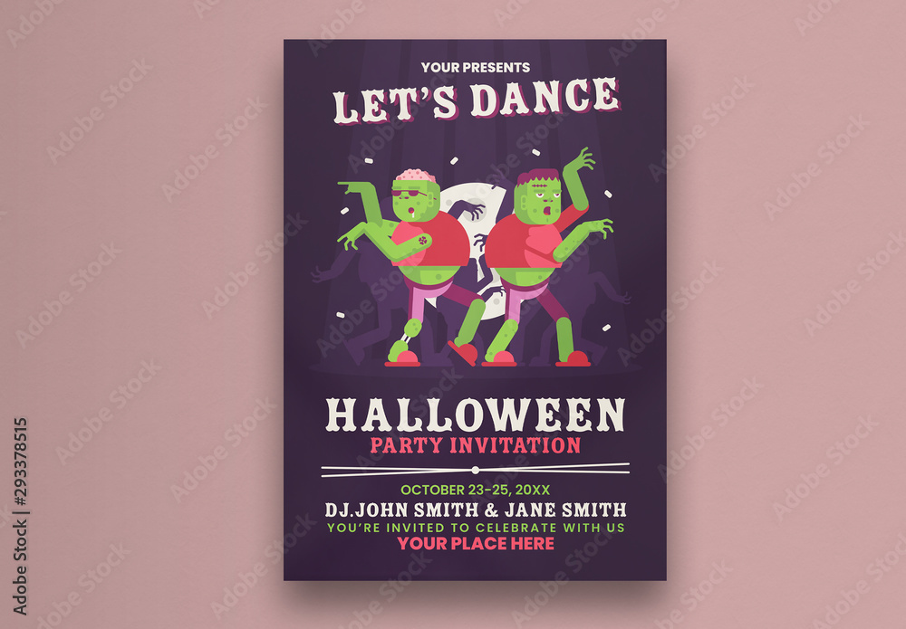 Halloween Party Flyer Layout with Dancing Zombies Illustration Stock ...