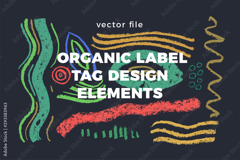Organic label tag elements on gray background with vector vegan icons ...