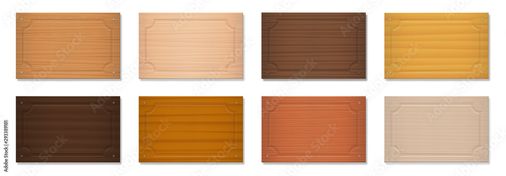 Wooden signboards, blank nameplates, rectangular badges. Set with ...