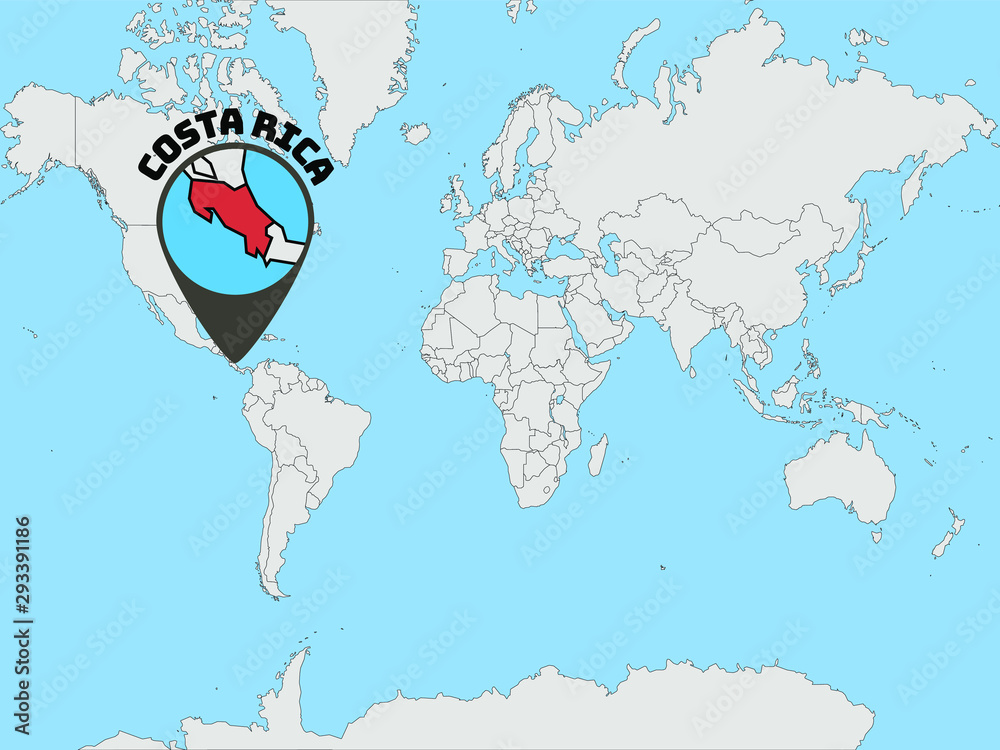 Costa Rica Silhouette on Global world map with all continents europe ...