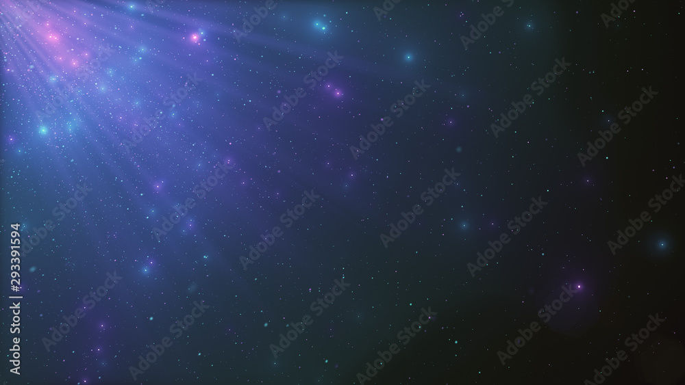 Abstract background of sparkling floating neon dust particles and rays ...