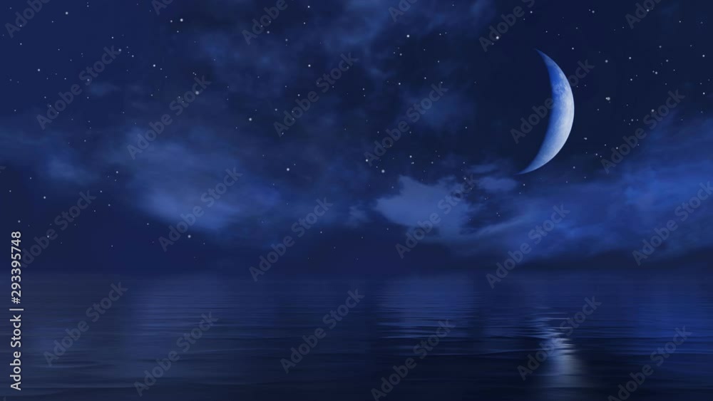 Dark starry night sky above calm ocean and fantastic big half moon ...