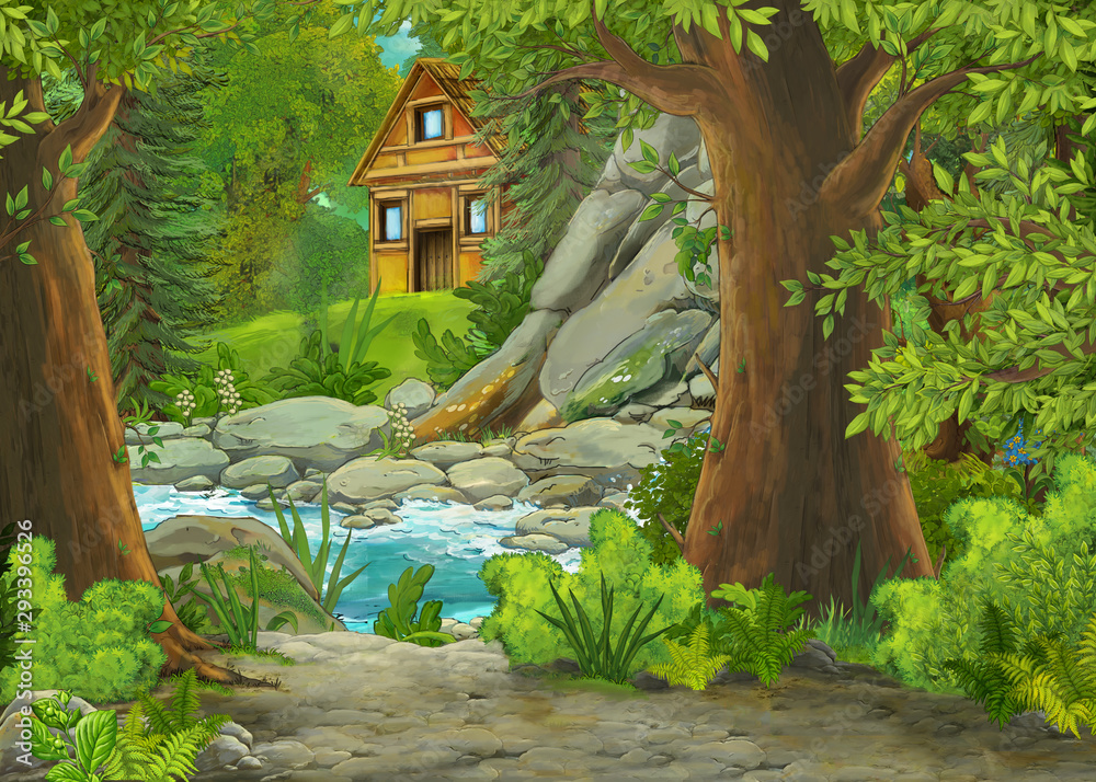 cartoon scene with mountains and valley with farm house and garden near ...