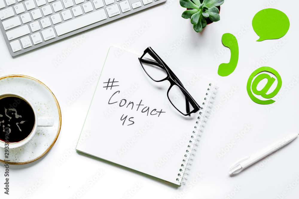 customer support company office with contact us text and signs top view ...