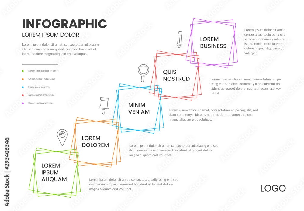 Infographic Layout with Connected Square Frames and Icons Stock ...